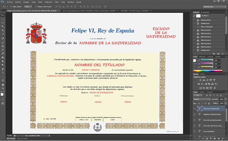 Plantilla de título universitario de España [PSD] para imprimir